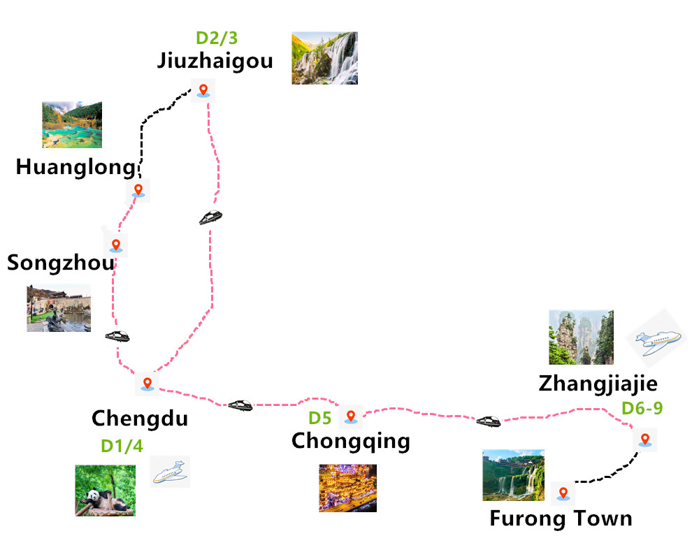 Chengdu, Chongqing, Zhangjiajie